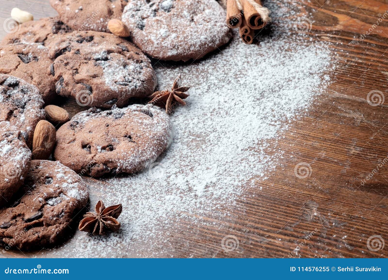 Chocolate Chips Cookies on Dark Rustic Texture. Stock Image - Image of ...