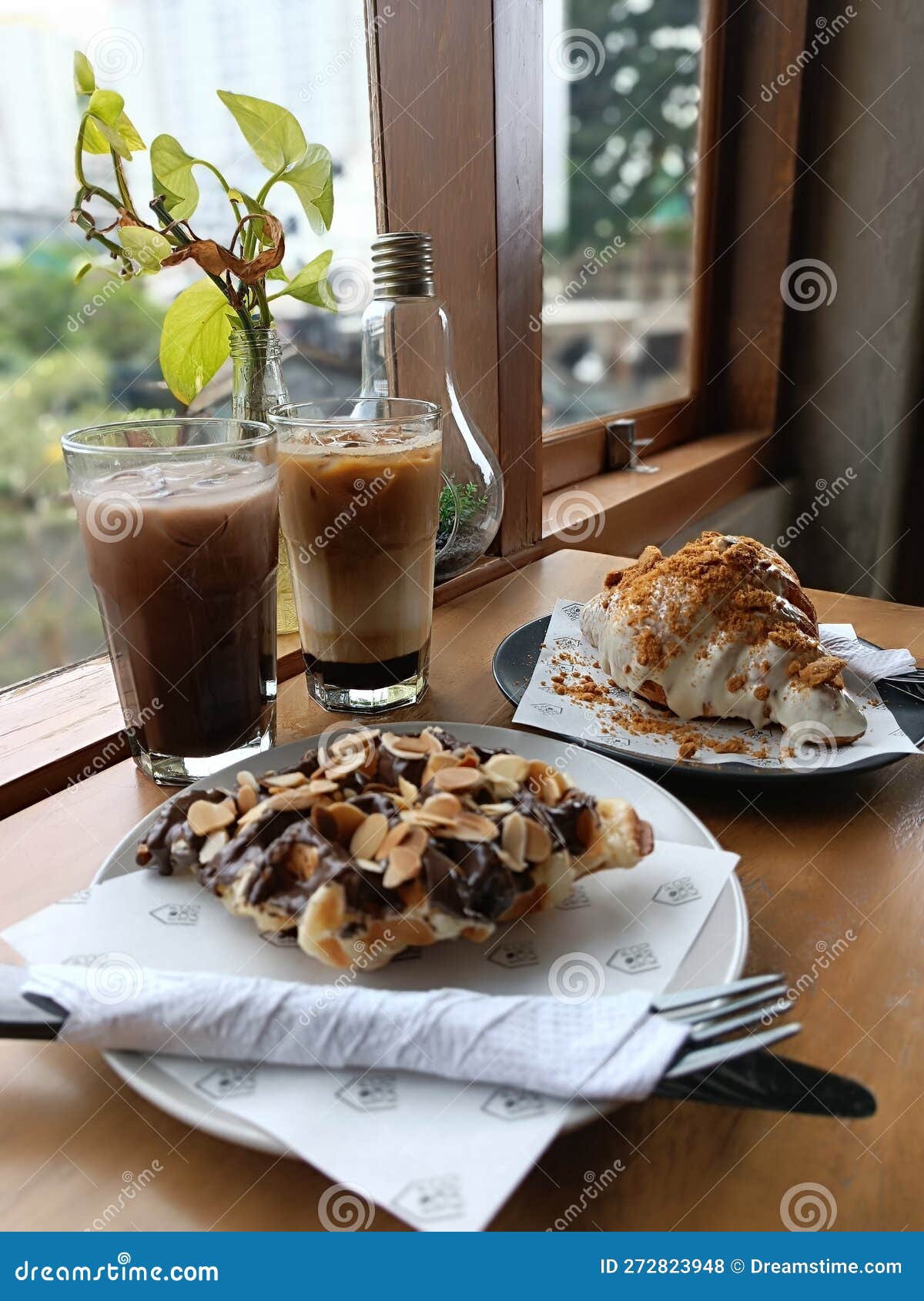 Chocolate and Coffee with Croissants on a Sunny Day Stock Photo - Image ...