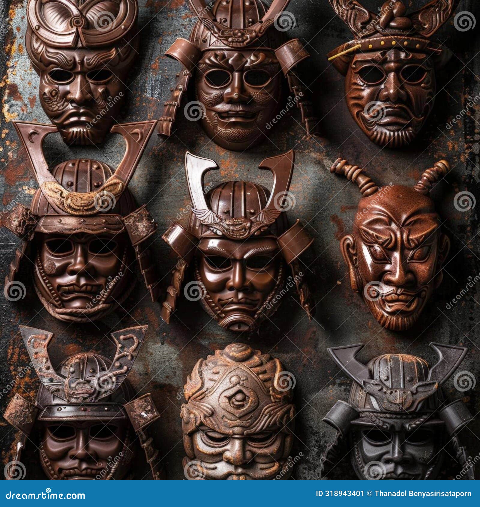 A Chocolate Collection of Intricately Designed Samurai Masks, Each with ...