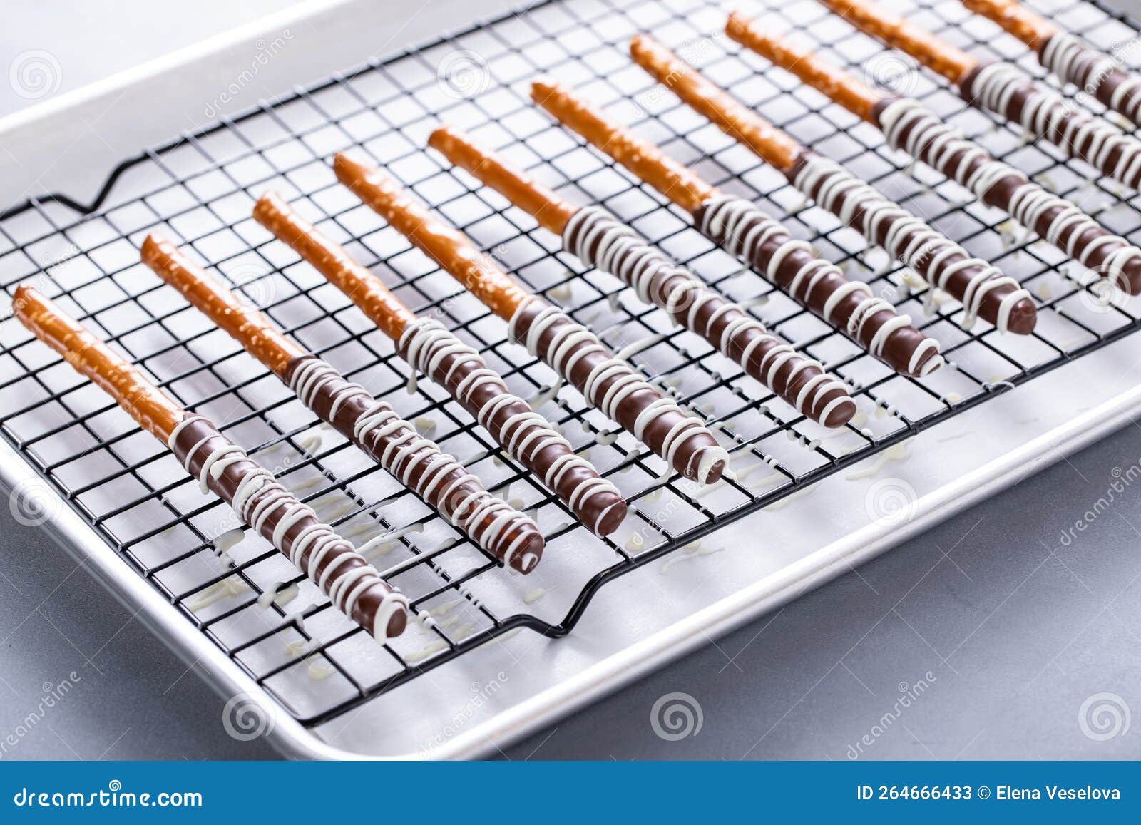 Chocolate Covered Pretzel Rods Freshly Made on a Cooling Rack Stock ...