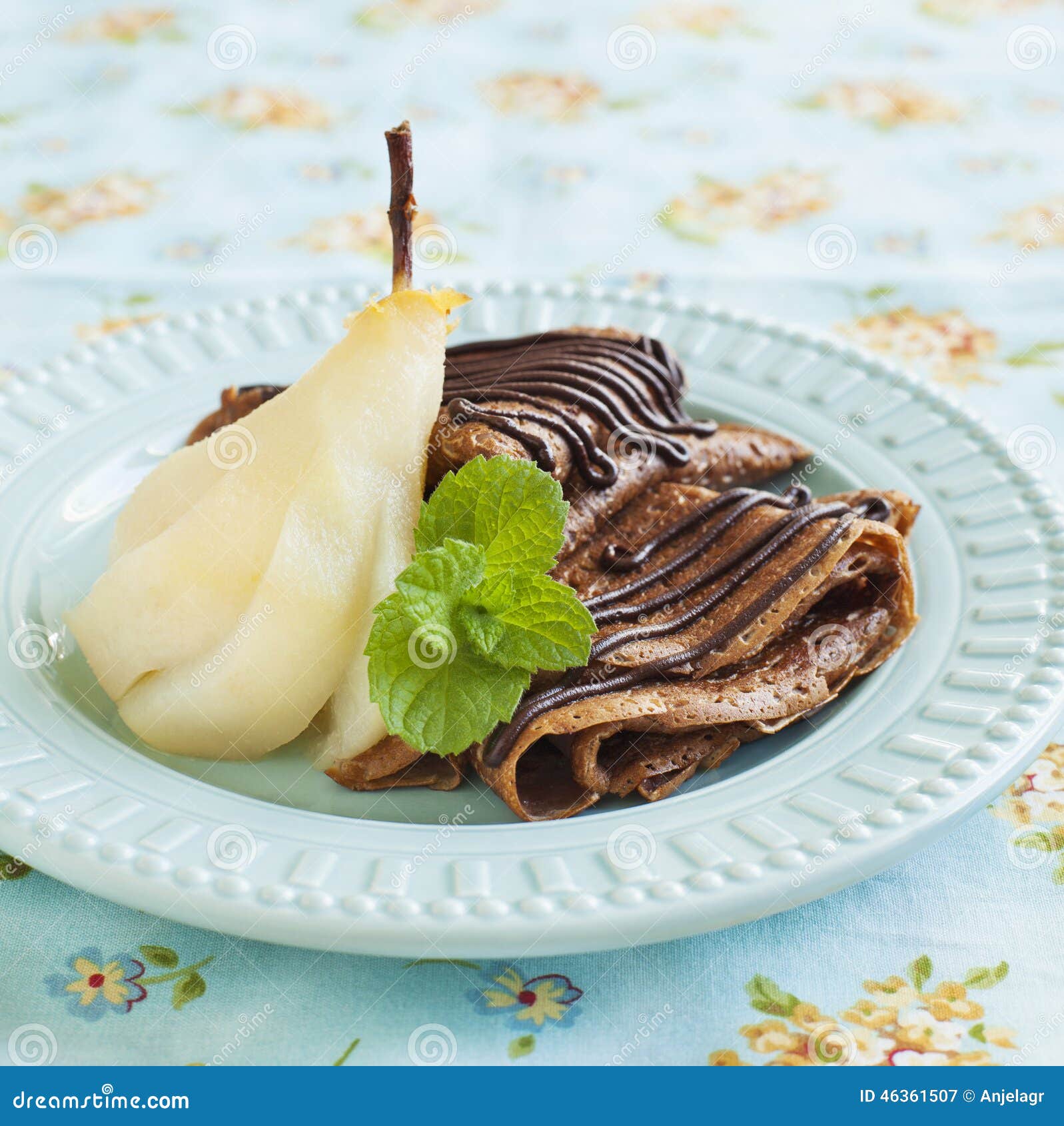 Chocolate Crepes with Poached Pear in Syrup Stock Image - Image of fork ...