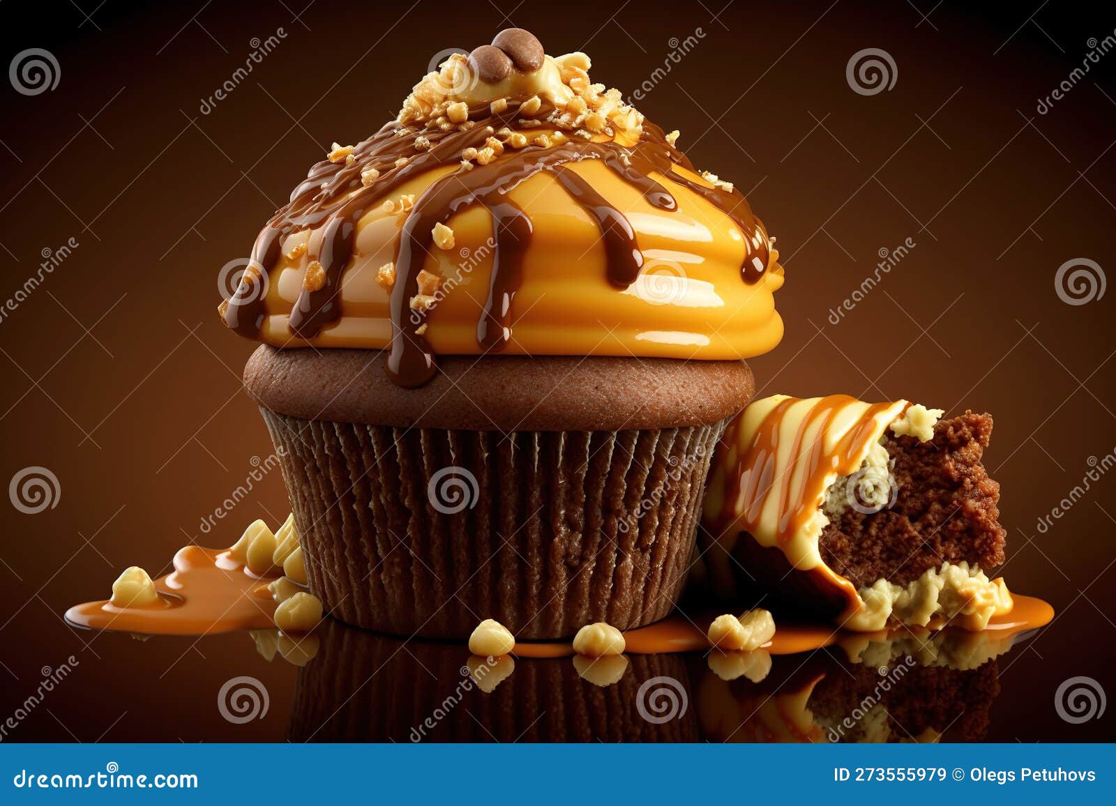 A Chocolate Cupcake with Caramel Icing and Nuts on a Reflective Surface ...