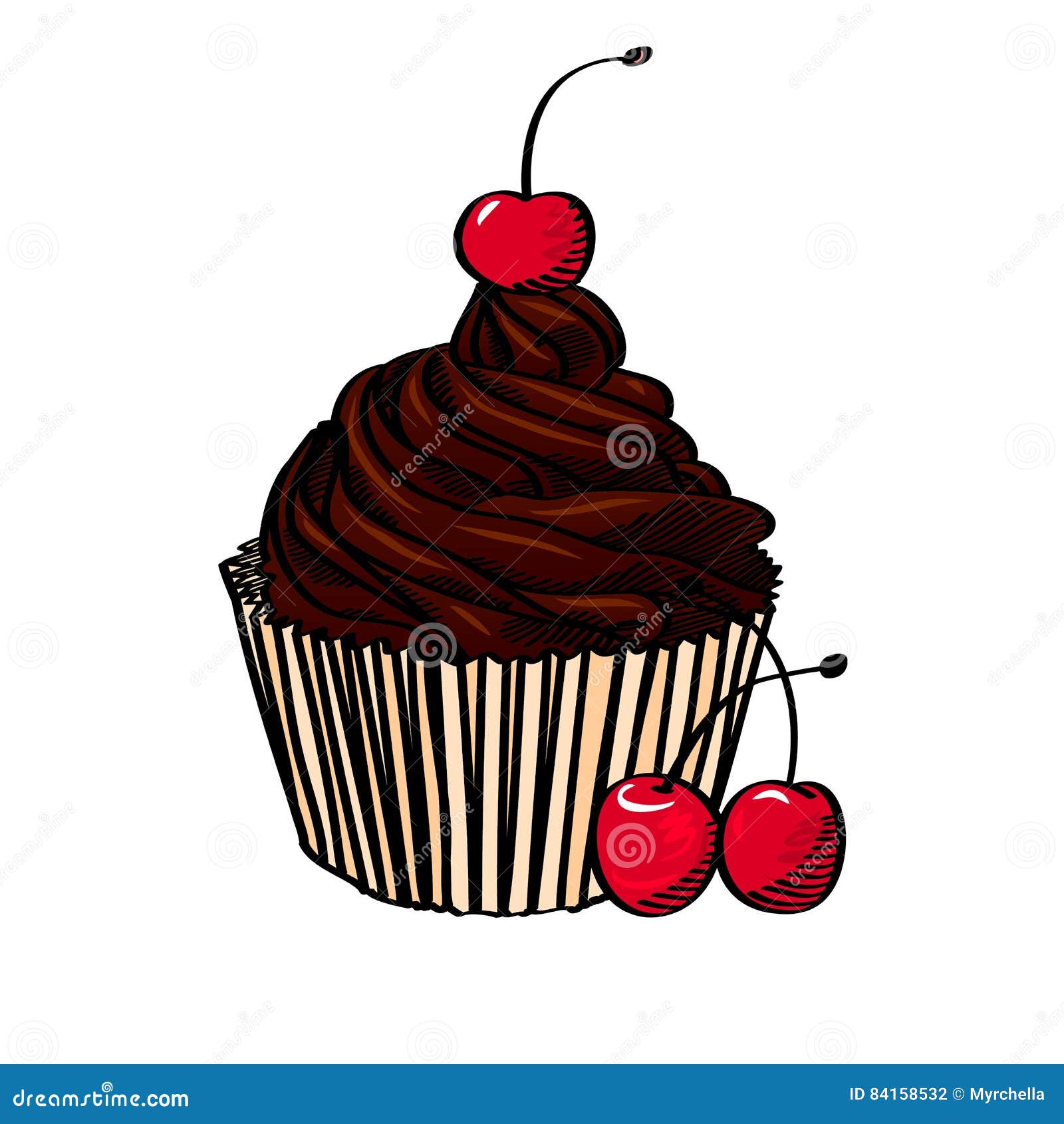 Chocolate Cupcake with Cherry, Isolated on White Background, Vector ...
