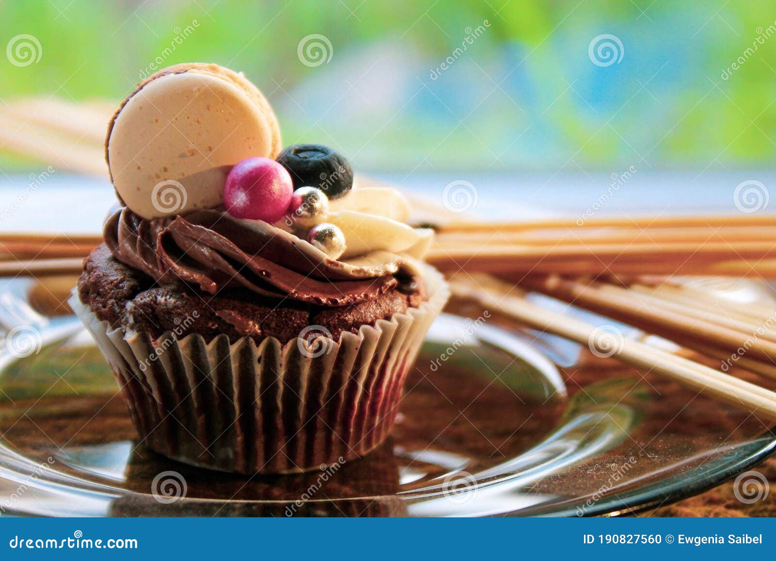 This Chocolate Cupcake with Custard and Cookie Stock Photo - Image of ...