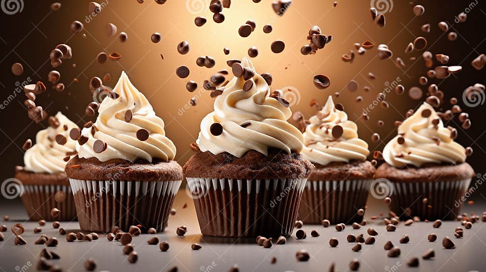Chocolate Cupcakes with Falling Chocolate Sprinkles on Brown Background ...