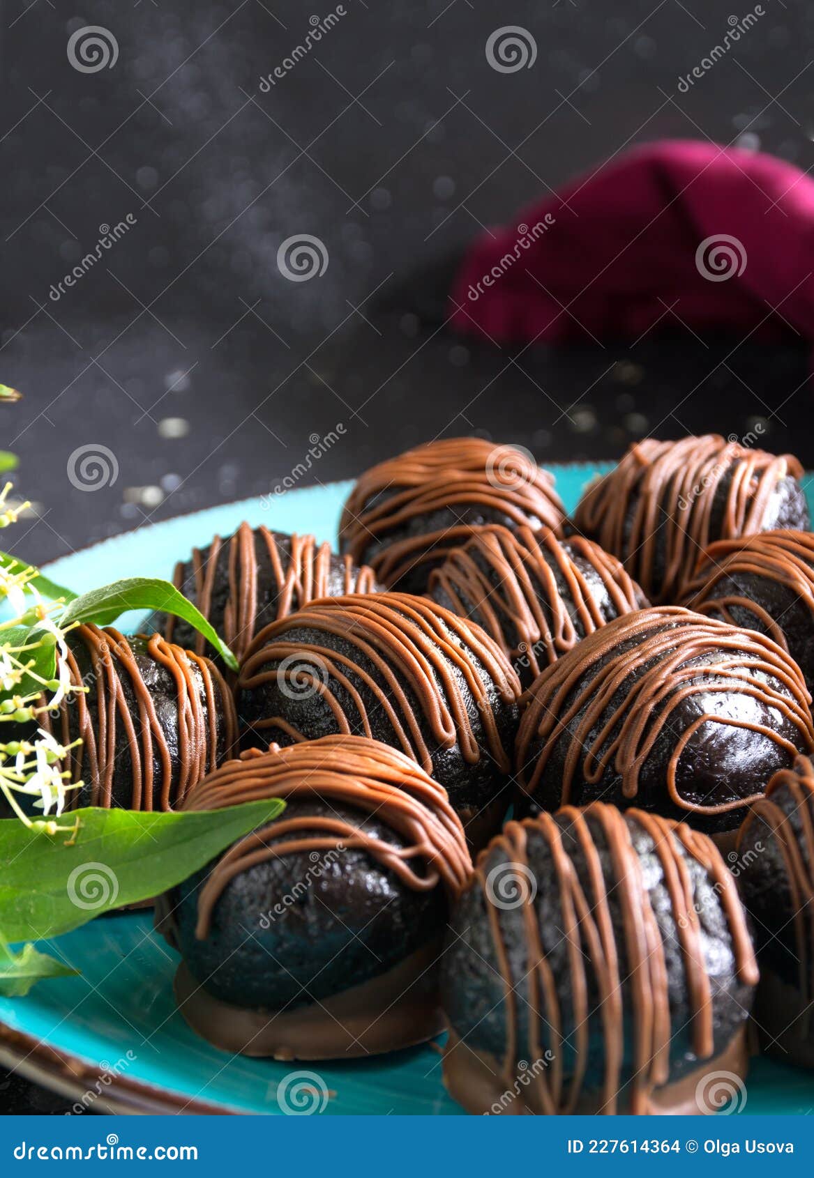 Chocolate Desert Candy Truffles on Blue Plate, Dark Background Stock ...