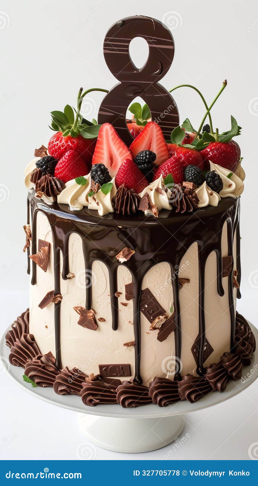 Chocolate Drip Cake with Berries and Number Eight Topper Stock Photo ...