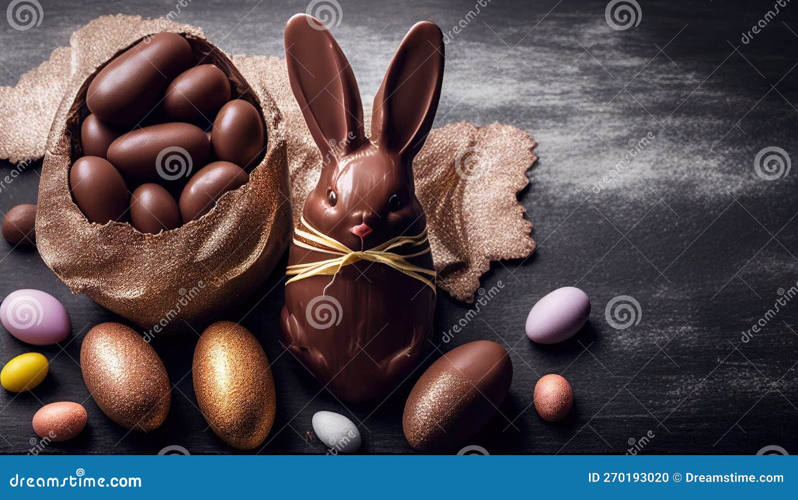 Chocolate Easter Bunny and Eggs on Wooden Background. Generative AI ...
