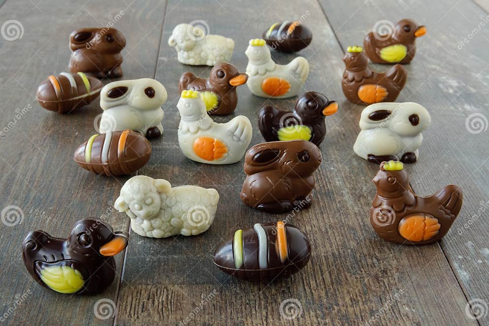 Chocolate Easter Figures: Egg, Bunny, Duck, Sheep, Chicken Stock Image ...
