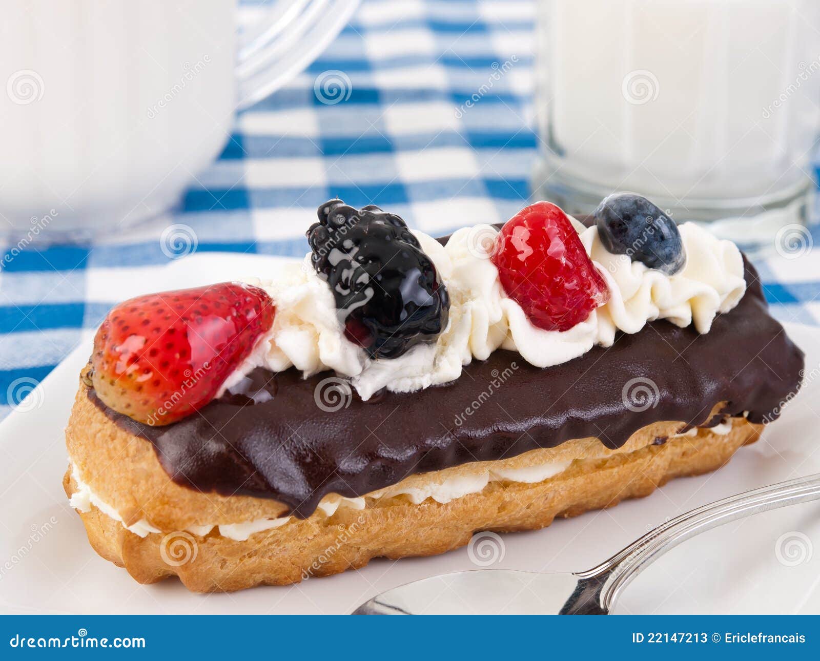 Chocolate Eclair and Berries Stock Image - Image of checked, pastry ...