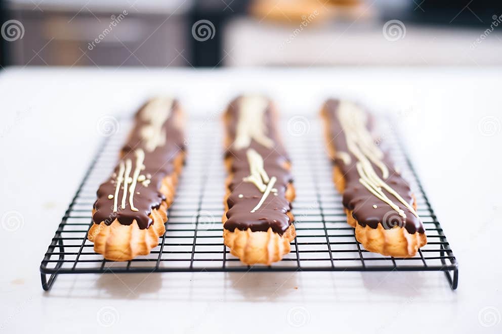 Chocolate Eclairs Lined Up on a Cooling Rack Stock Illustration ...