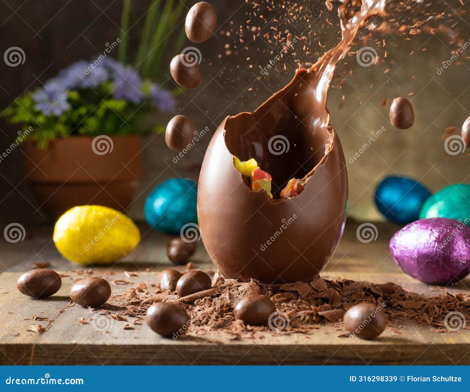 Chocolate Egg Exploding and Melting on the Table. Colored Eggs in the ...