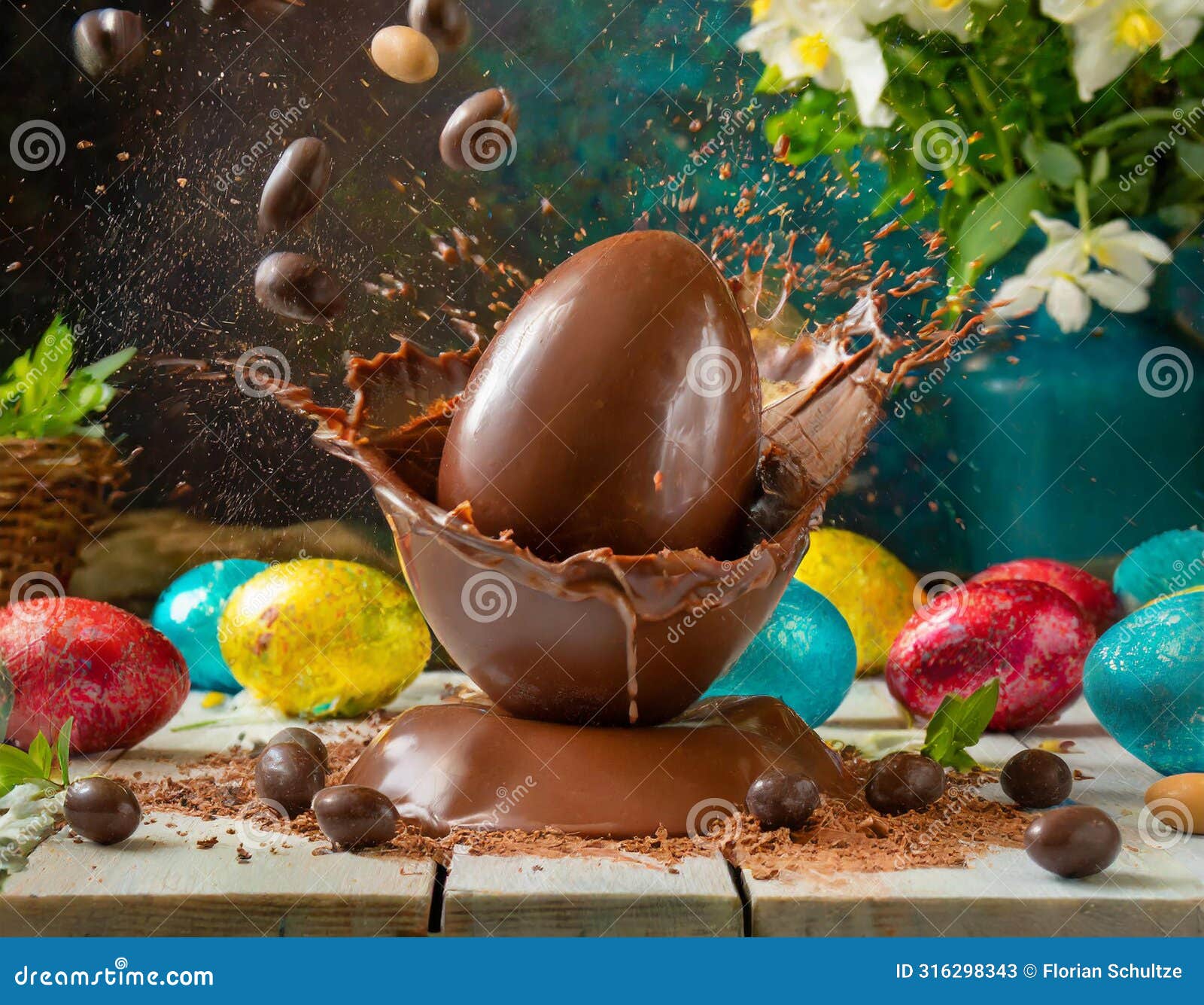 Chocolate Egg Exploding and Melting on the Table. Colored Eggs in the ...