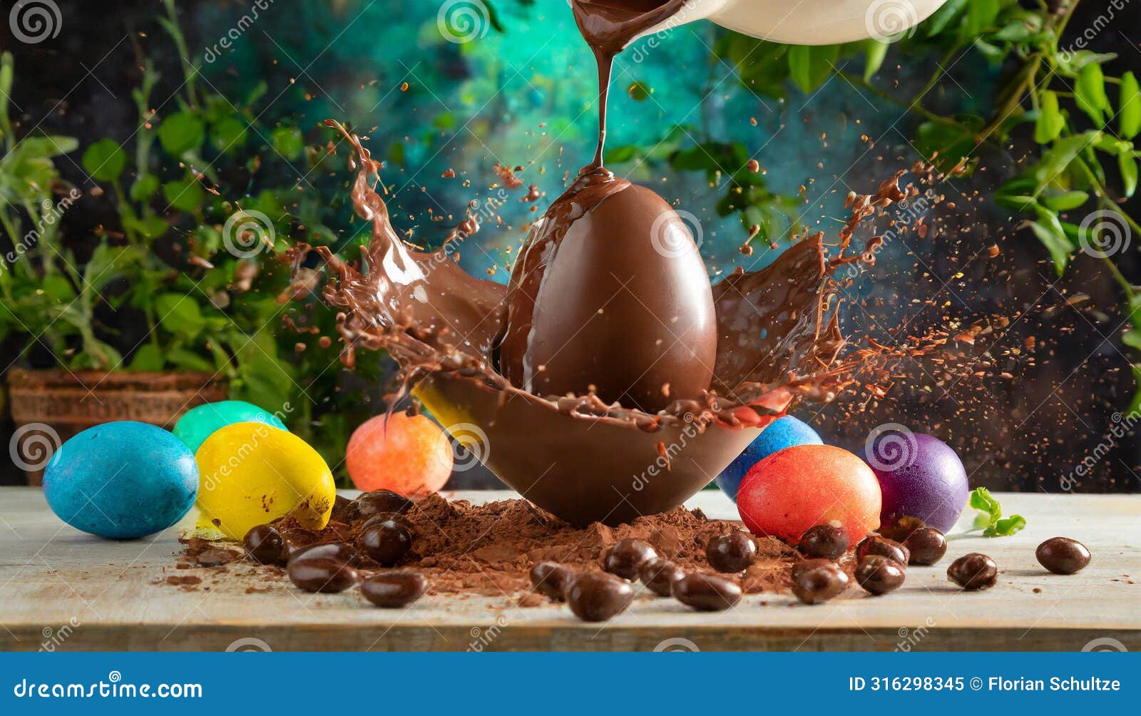 Chocolate Egg Exploding and Melting on the Table. Colored Eggs in the ...