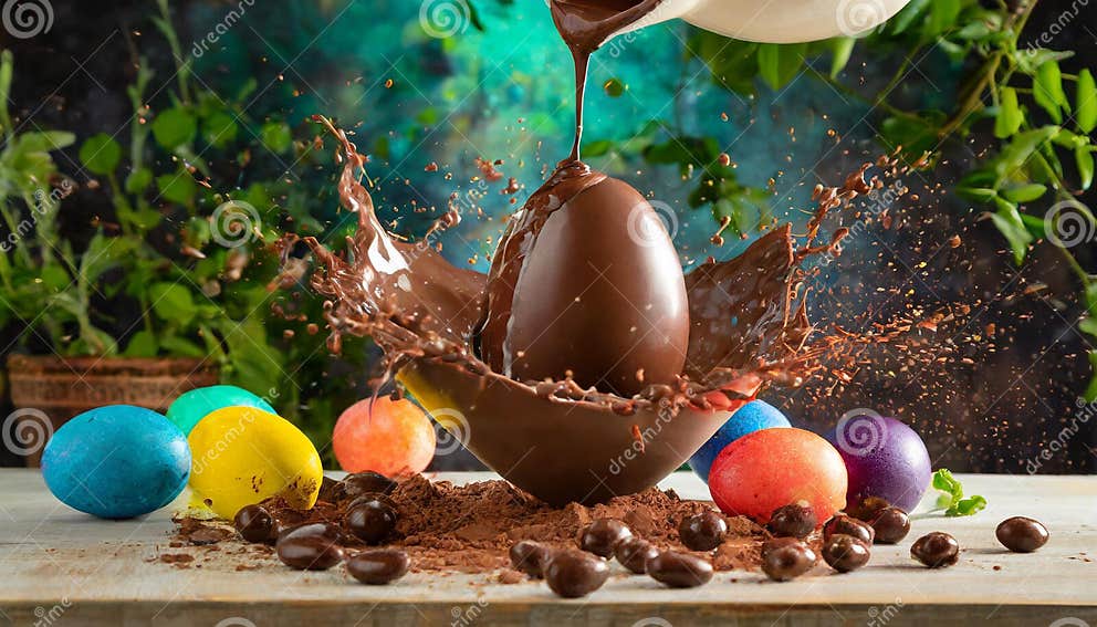 Chocolate Egg Exploding and Melting on the Table. Colored Eggs in the ...