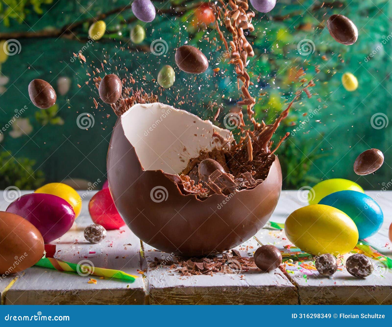 Chocolate Egg Exploding and Melting on the Table. Colored Eggs in the ...