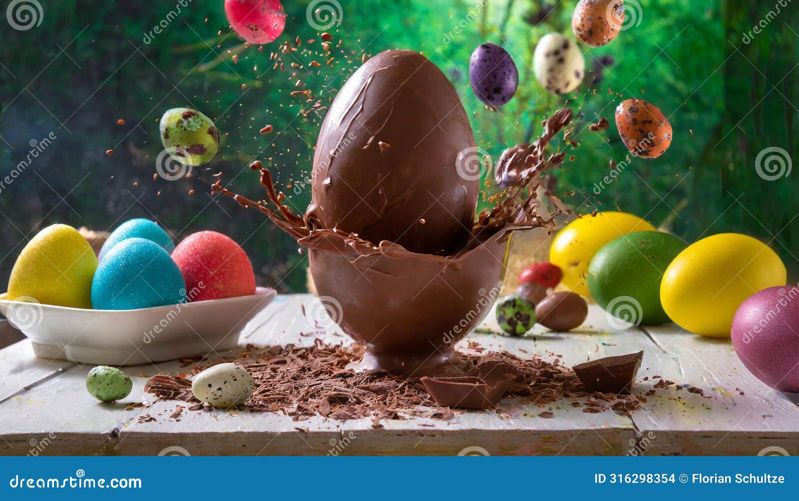 Chocolate Egg Exploding and Melting on the Table. Colored Eggs in the ...