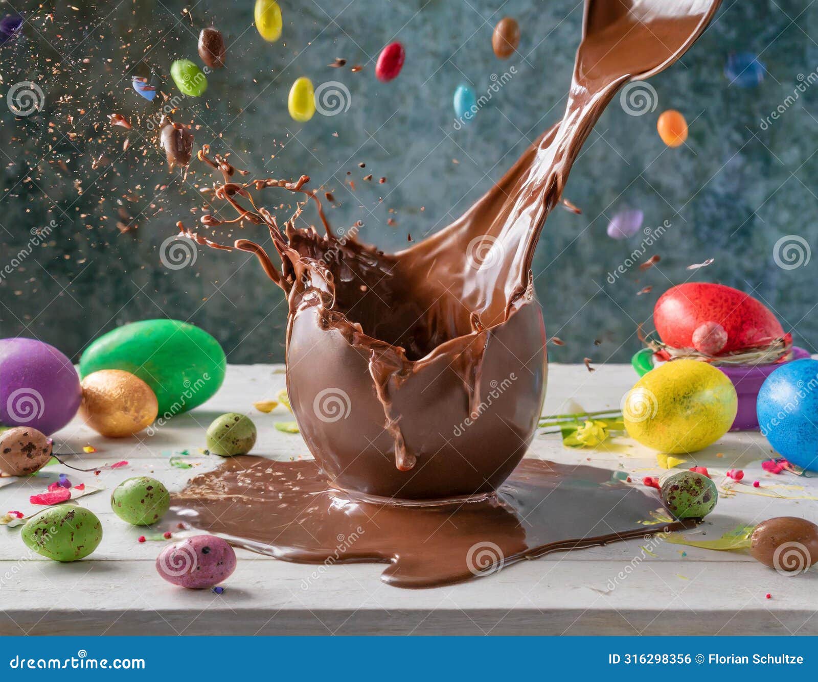 Chocolate Egg Exploding and Melting on the Table. Colored Eggs in the ...