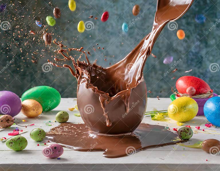 Chocolate Egg Exploding and Melting on the Table. Colored Eggs in the ...