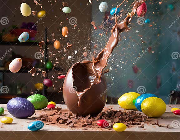 Chocolate Egg Exploding and Melting on the Table. Colored Eggs in the ...