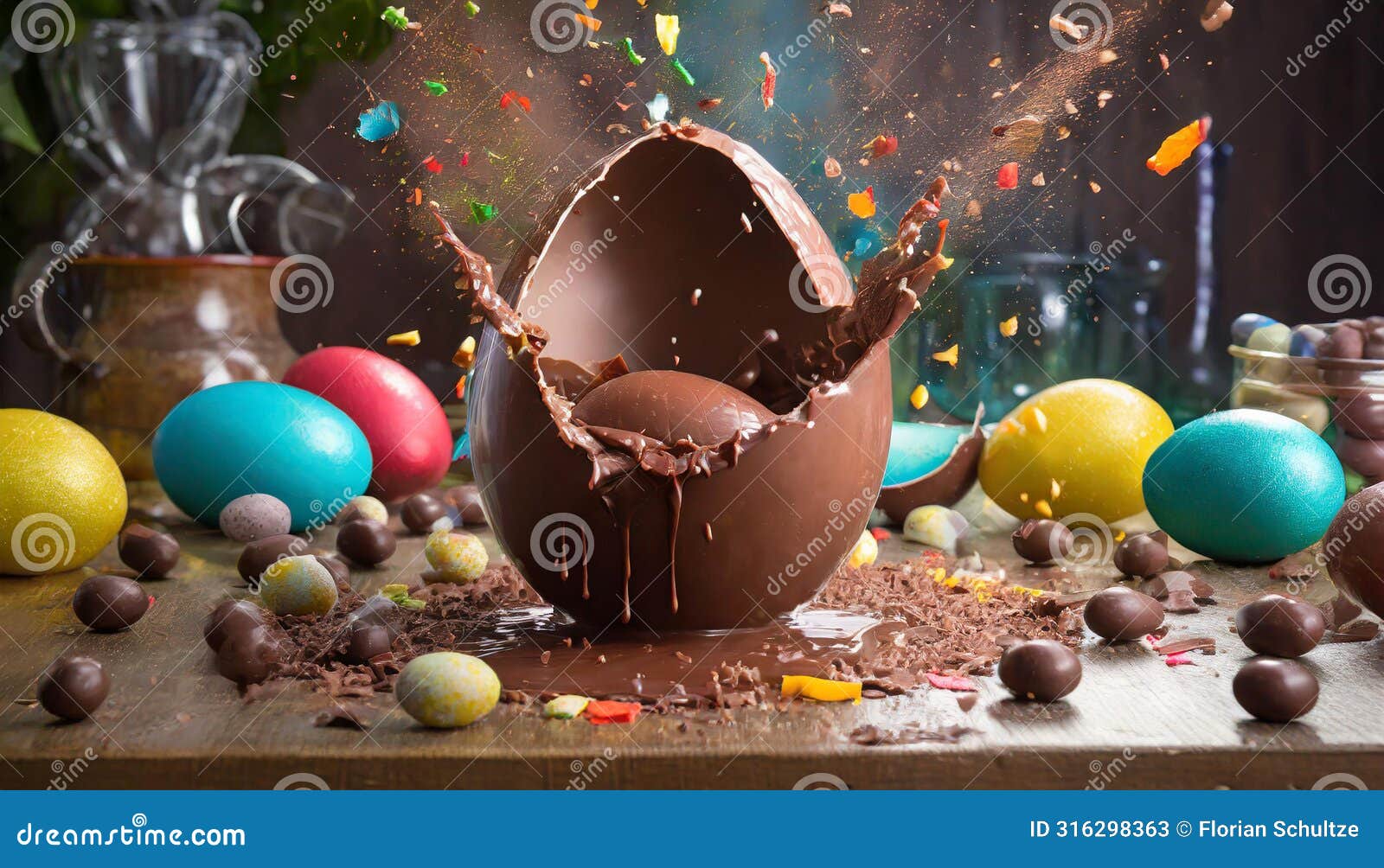 Chocolate Egg Exploding and Melting on the Table. Colored Eggs in the ...