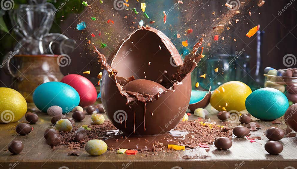 Chocolate Egg Exploding and Melting on the Table. Colored Eggs in the ...