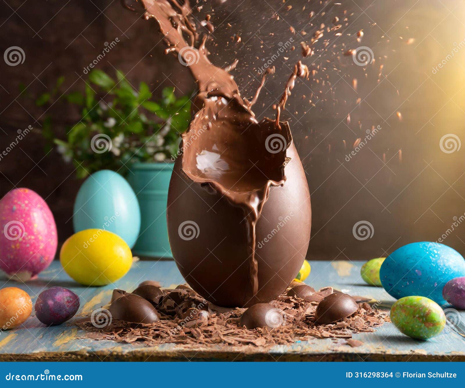 Chocolate Egg Exploding and Melting on the Table. Colored Eggs in the ...