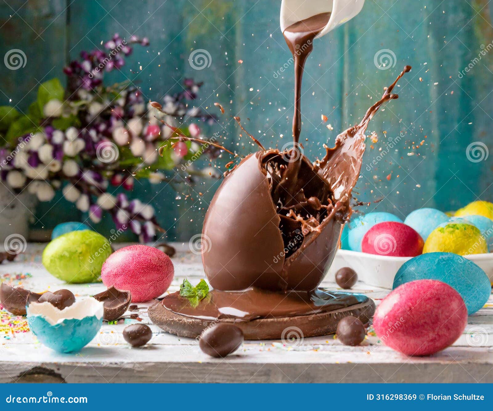 Chocolate Egg Exploding and Melting on the Table. Colored Eggs in the ...