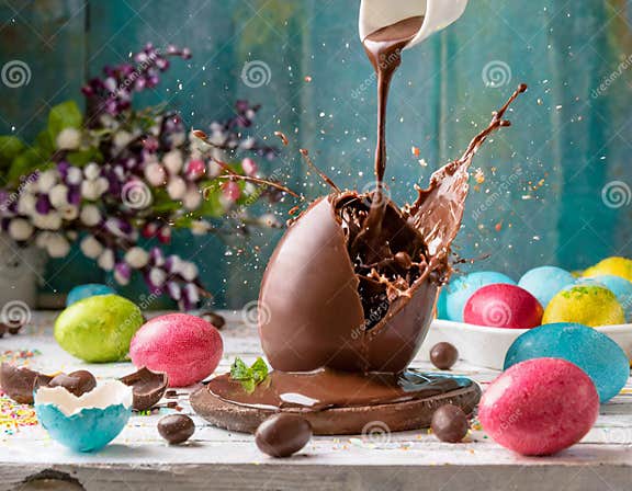 Chocolate Egg Exploding and Melting on the Table. Colored Eggs in the ...