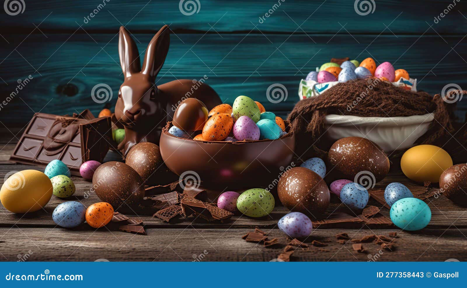 Chocolate Eggs and Chocolate Bunny and Sweets on Wooden Table, AI ...