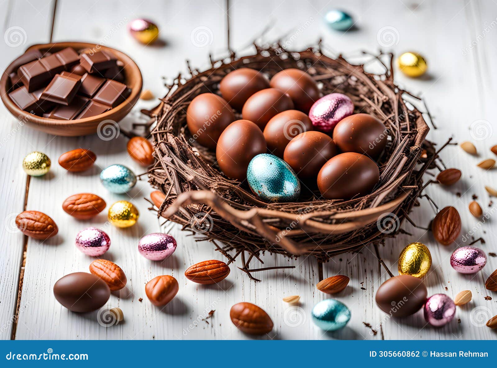 Chocolate Eggs and Easter Almonds on Bird Nest Stock Illustration ...