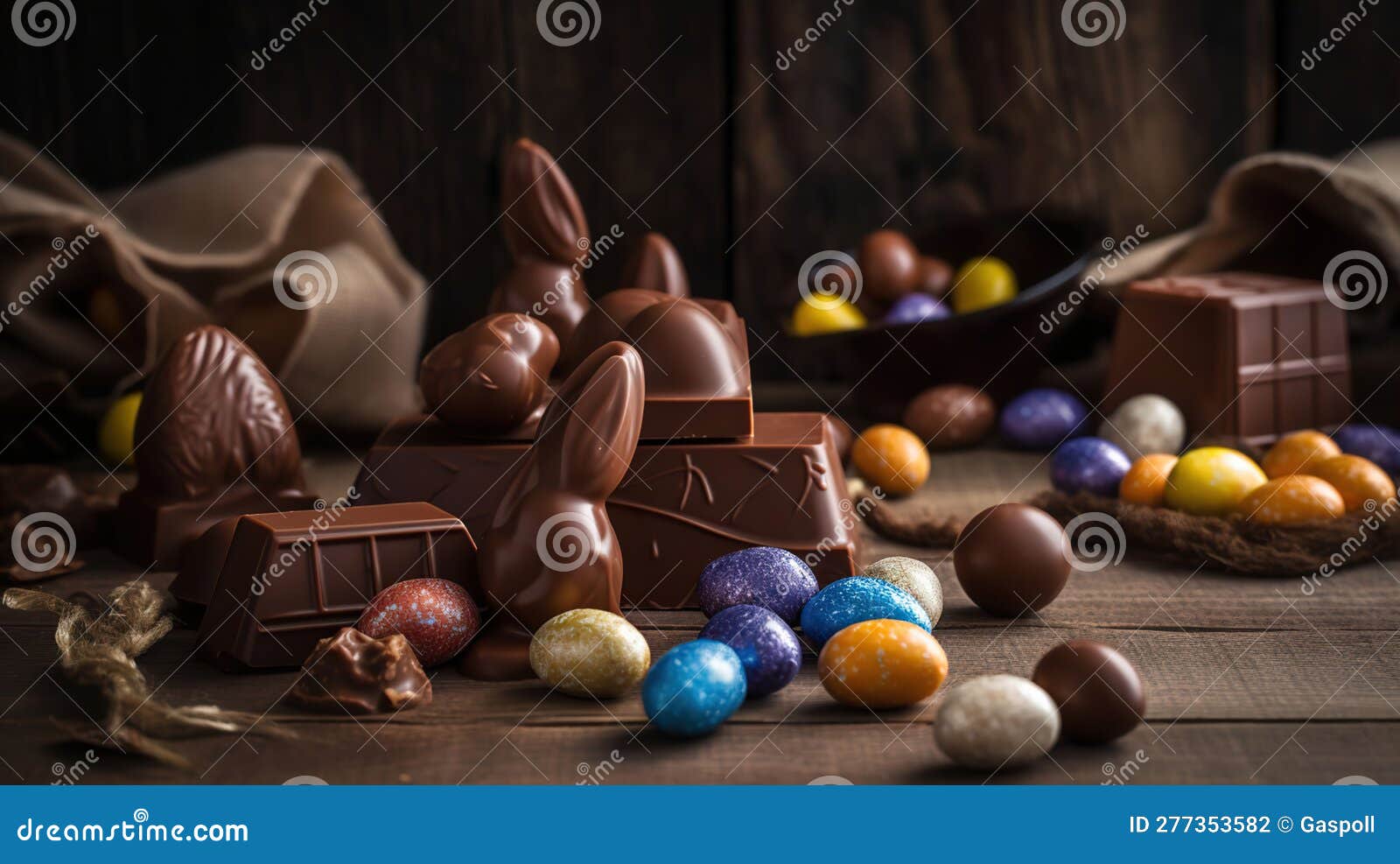 Chocolate Eggs and Easter Almonds, Chocolate Bunny and Sweets on Wooden ...