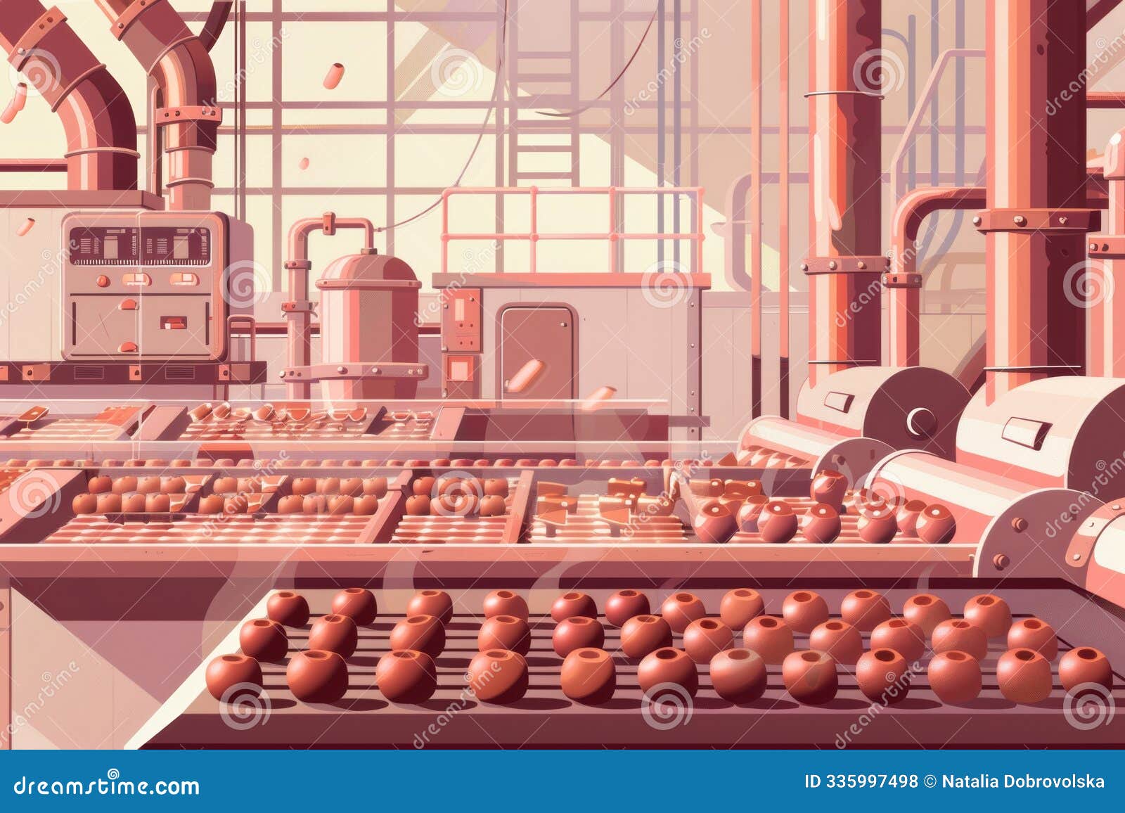 Chocolate Factory with Workers Packaging Candies and Chocolate Bars for ...