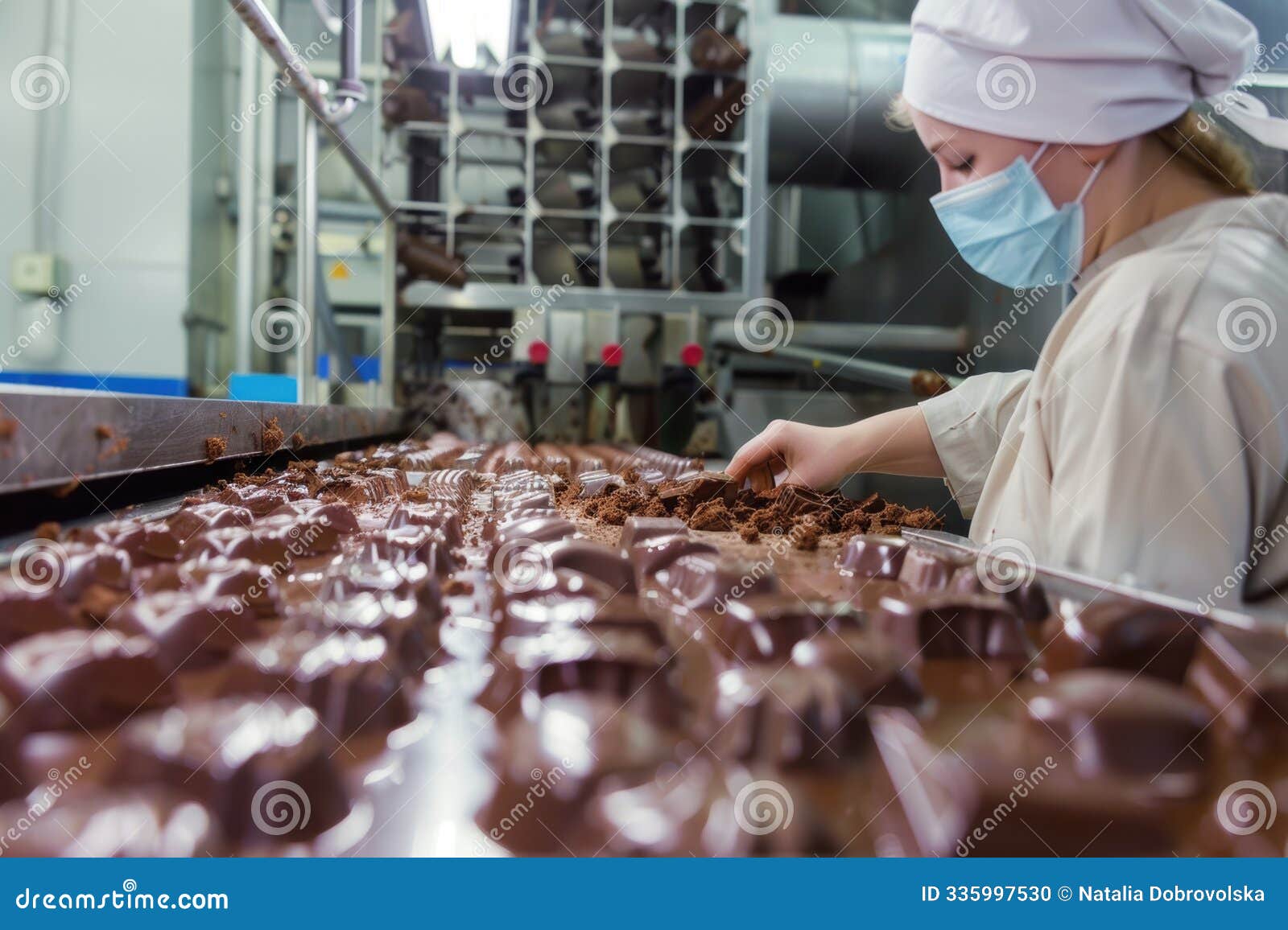 Chocolate Factory with Workers Packaging Candies and Chocolate Bars for ...