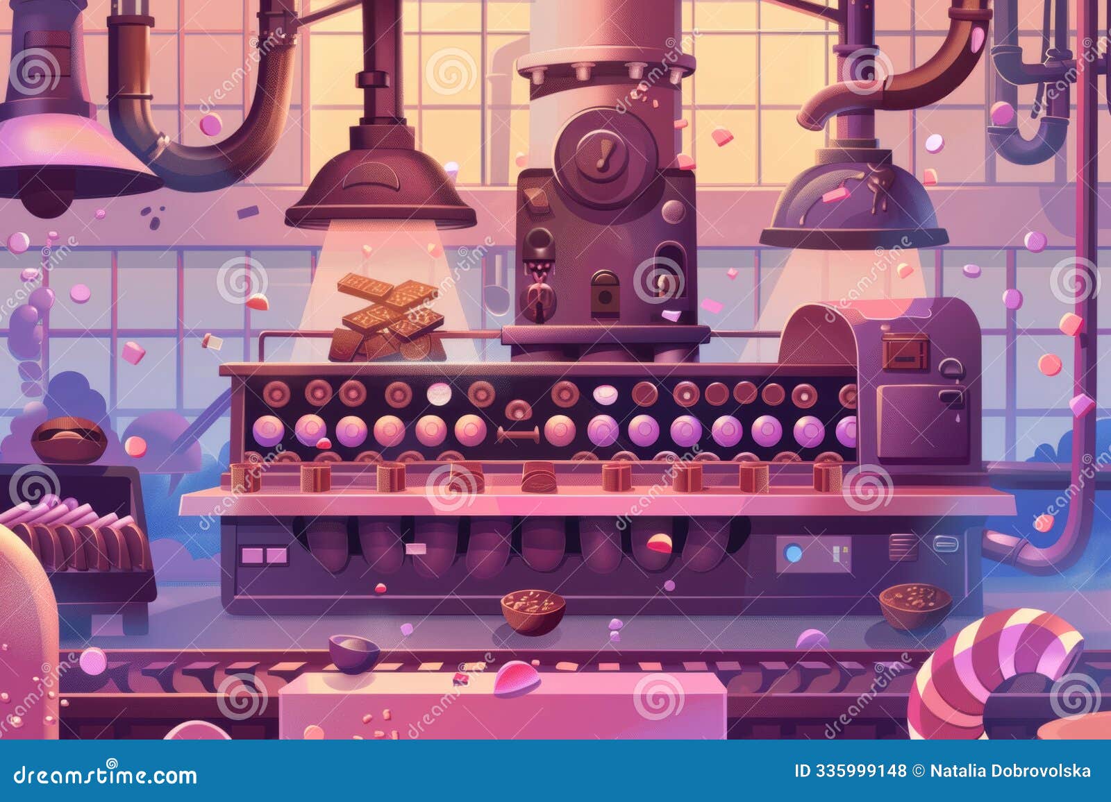 Chocolate Factory with Workers Packaging Candies and Chocolate Bars for ...