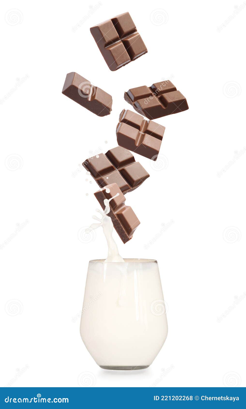 Chocolate Falling into Glass with Milk on White Background Stock Photo ...