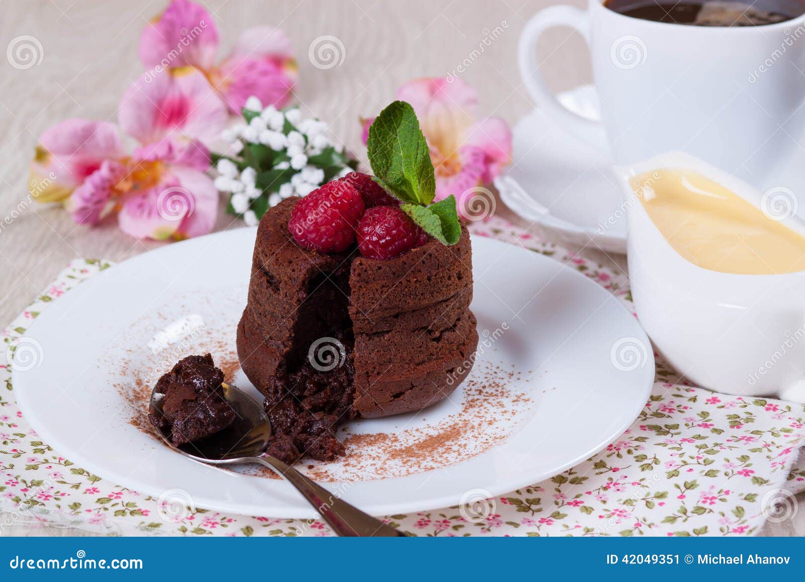 Chocolate Fondant with Raspberries Stock Image - Image of close ...
