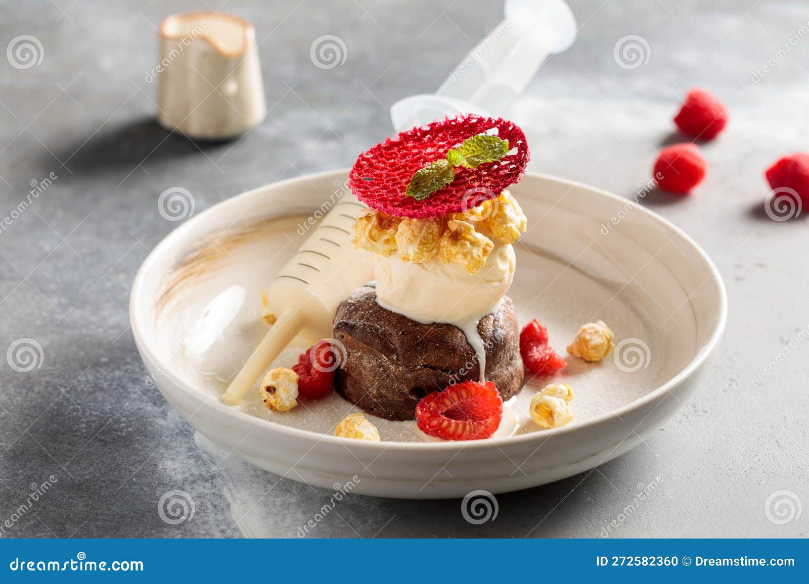 Chocolate Fondant with Raspberry Served in Dish Isolated on Table Top ...