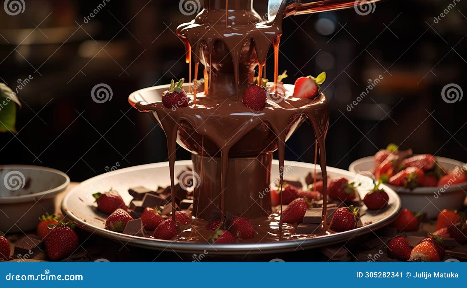 A Chocolate Fountain Along Which Flowing Chocolate Flows Stock ...