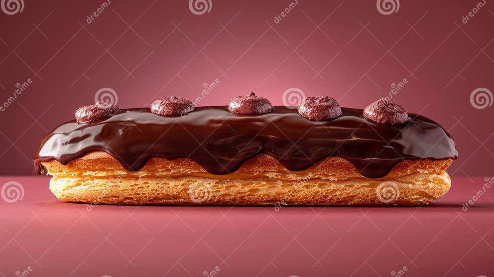 Chocolate-glazed Eclair with Cream Puffs on a Maroon Background. Stock ...