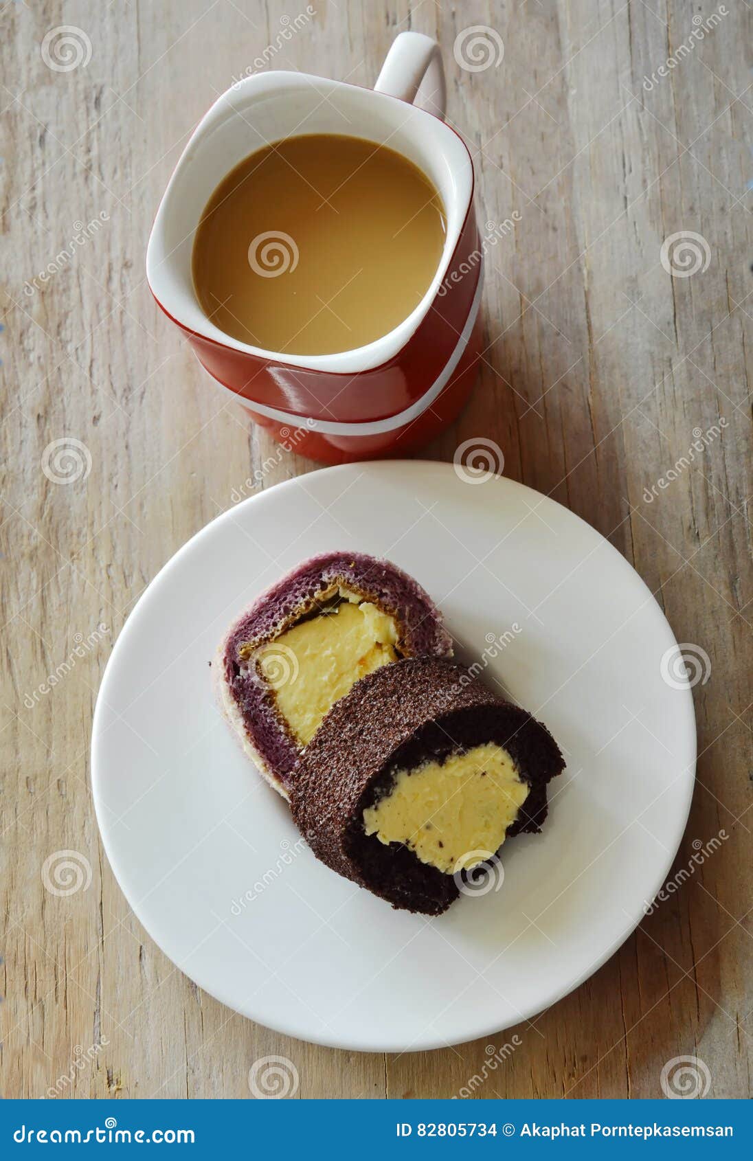 Chocolate and Grape Cake Roll Stuffed Cream Eat Couple with Coffee ...