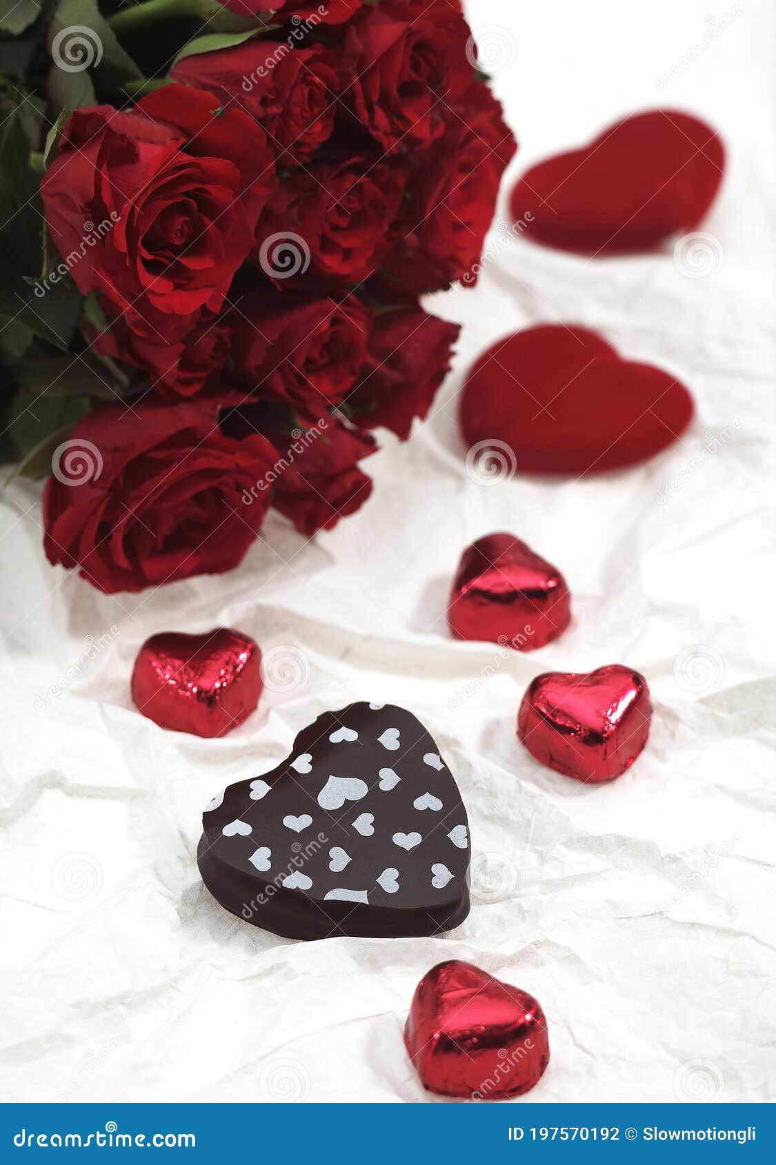 Chocolate Heart and Red Roses, Present for Valentine`s Day Stock Photo ...
