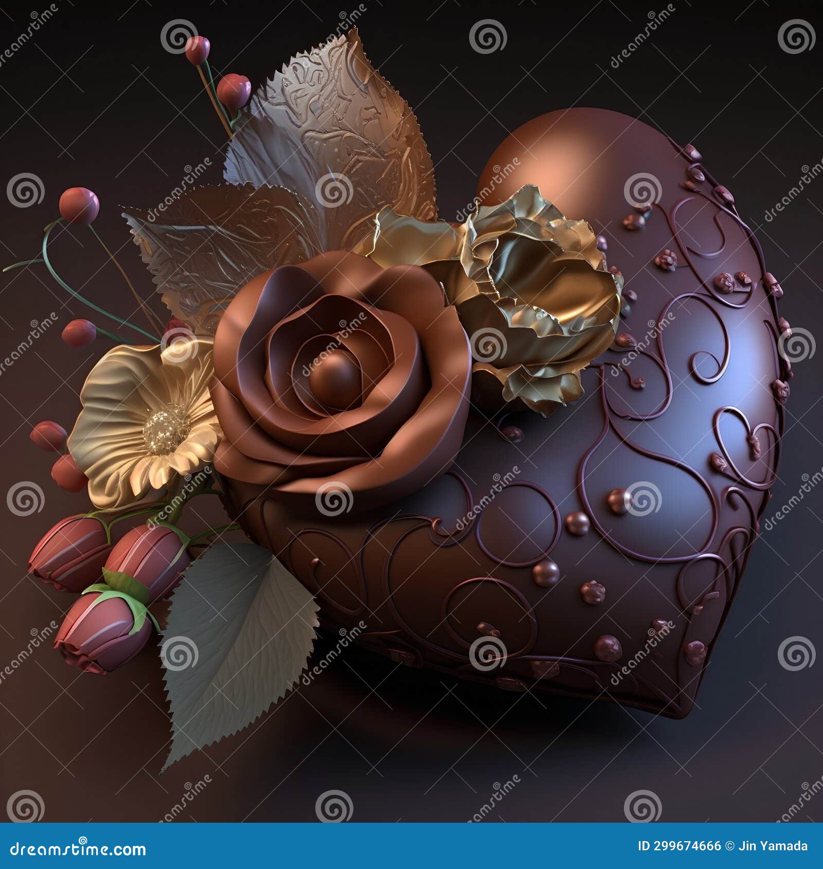 Chocolate Heart with Roses on a Dark Background. 3d Render Stock ...