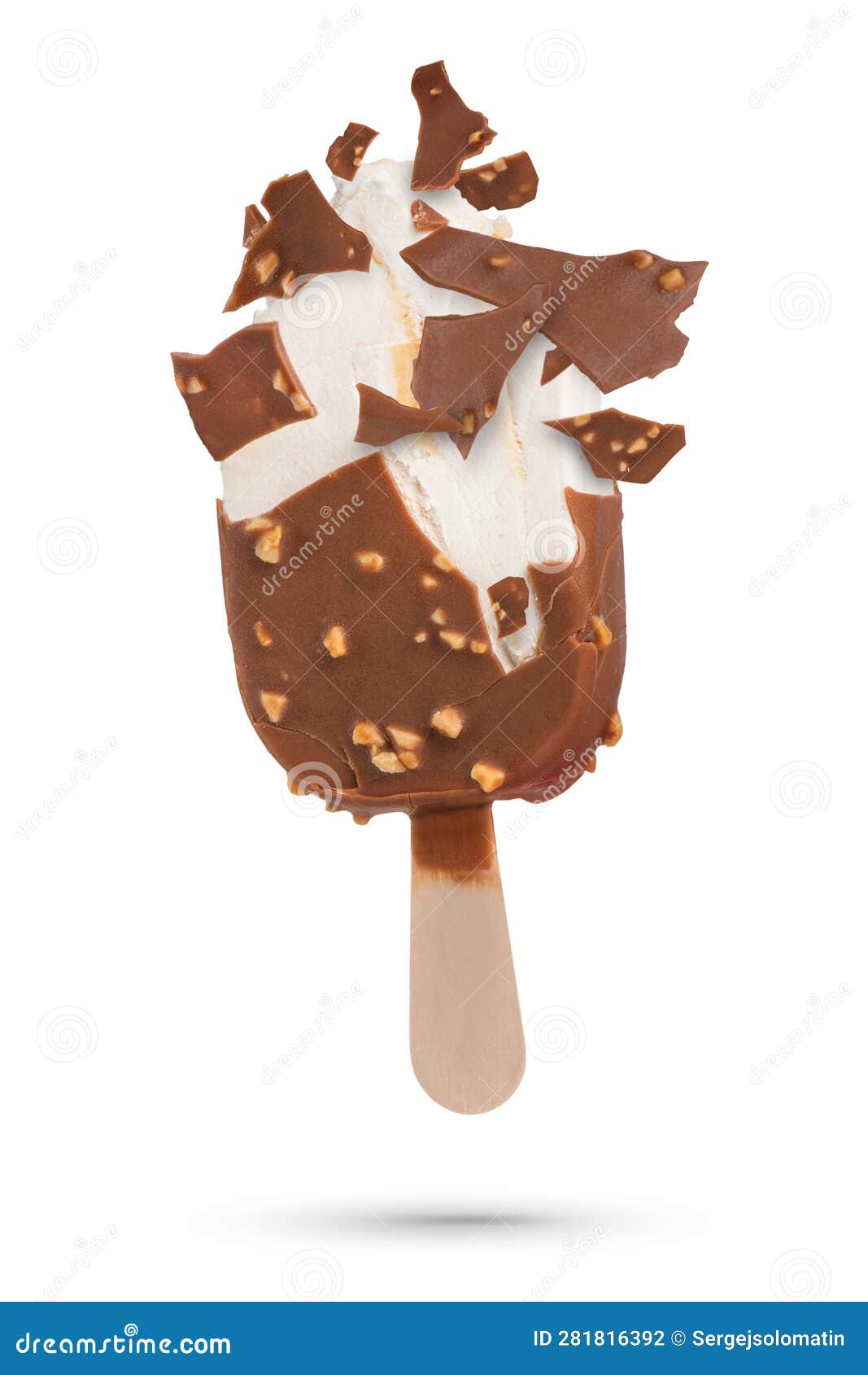 Chocolate Ice Cream Isolate on a Stick Flying Pieces of Chocolate Icing ...