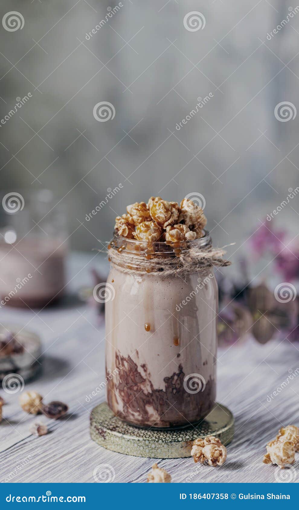 Chocolate Milkshake with Caramel Popcorn. Selective Focus Stock Photo ...