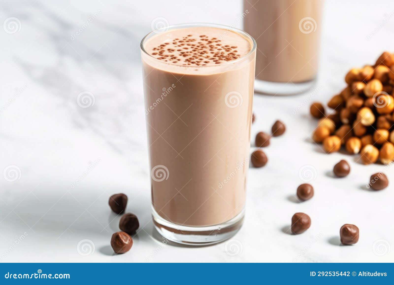 Chocolate Milkshake with Hazelnuts Scattered Around on a Marble Surface ...