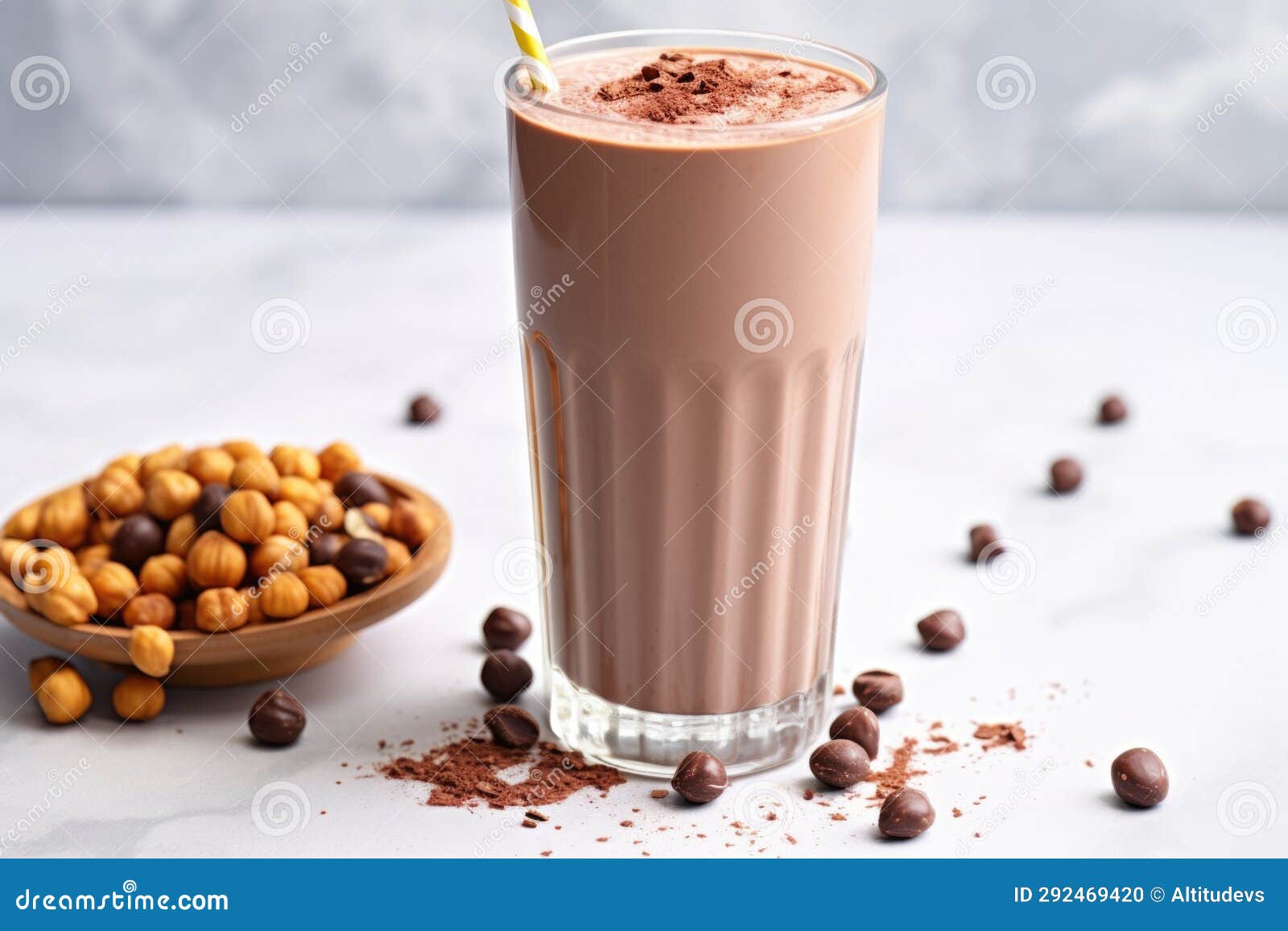 Chocolate Milkshake with Hazelnuts Scattered Around on a Marble Surface ...