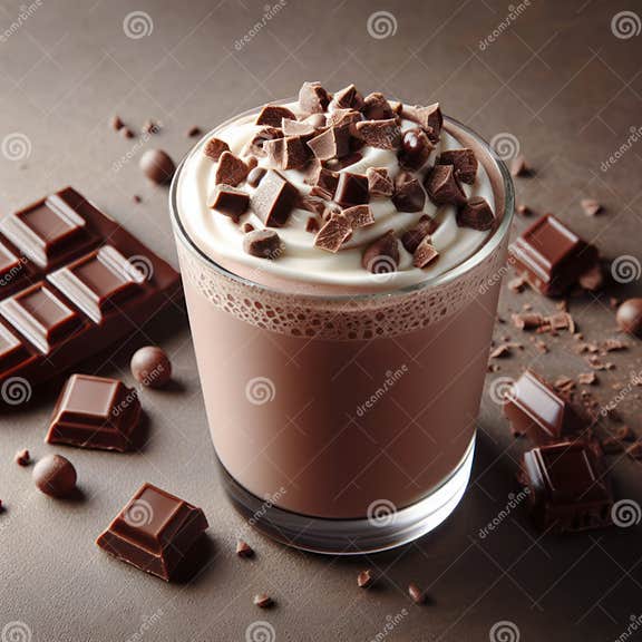 Chocolate Milkshake with Chocolate Pieces and Chocolate Sauce on Solid ...
