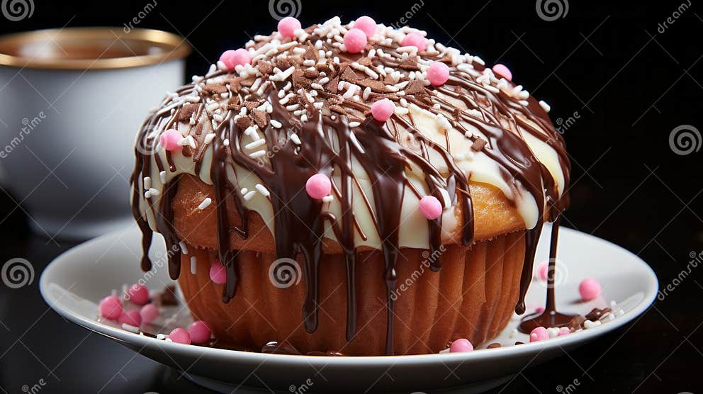 Chocolate Muffin with Icing and Sprinkles. Generative AI. Stock Photo ...