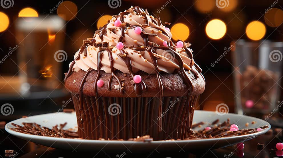 Chocolate Muffin with Icing and Sprinkles. Generative AI. Stock Photo ...